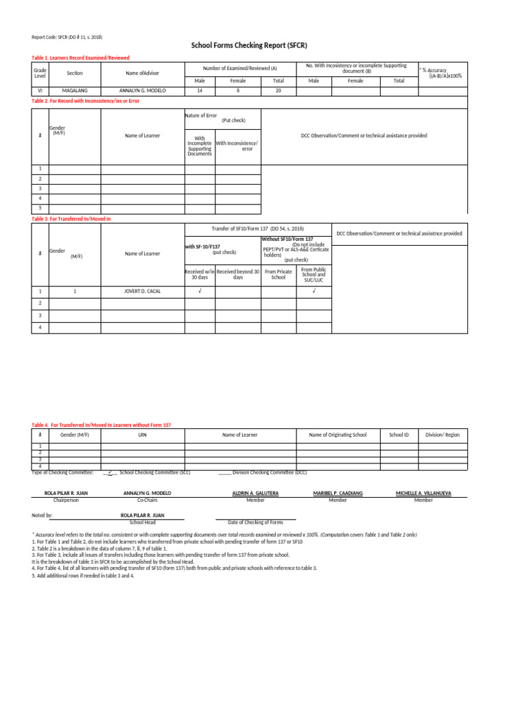School Forms Checking Report Excel | PDF