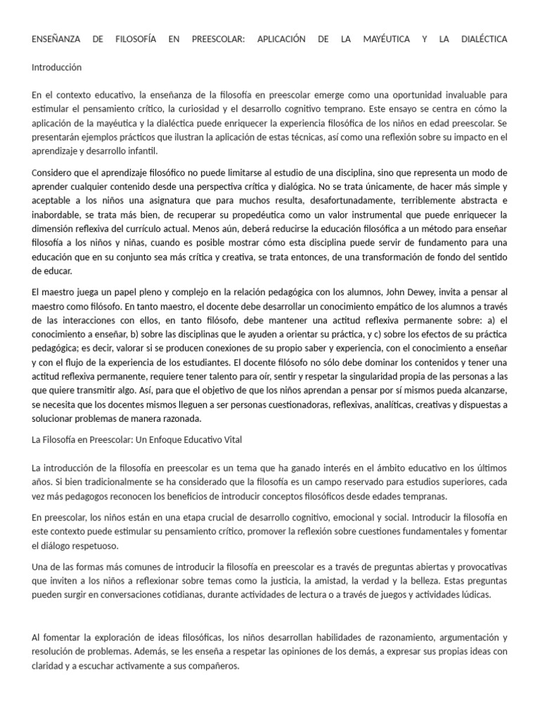 Filosofía en Preescolar: Mayéutica y Diálogo | PDF | Educación de la ...