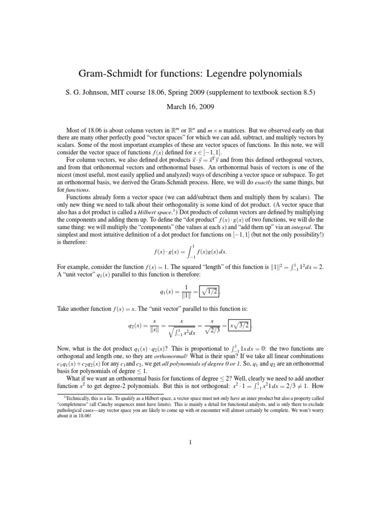 Gram-Schmidt for Functions: Deriving the Legendre Polynomials as an Orthogonal Basis for ...