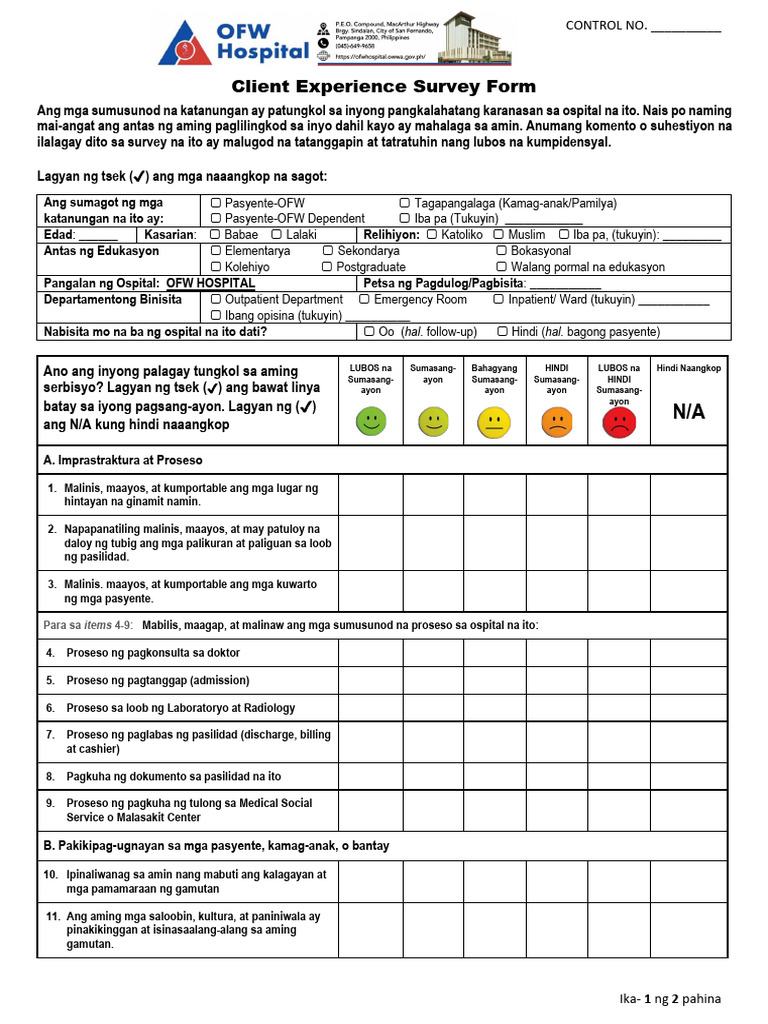 Standardized Client Experience Survey Form (Filipino) - OFW Hospital | PDF