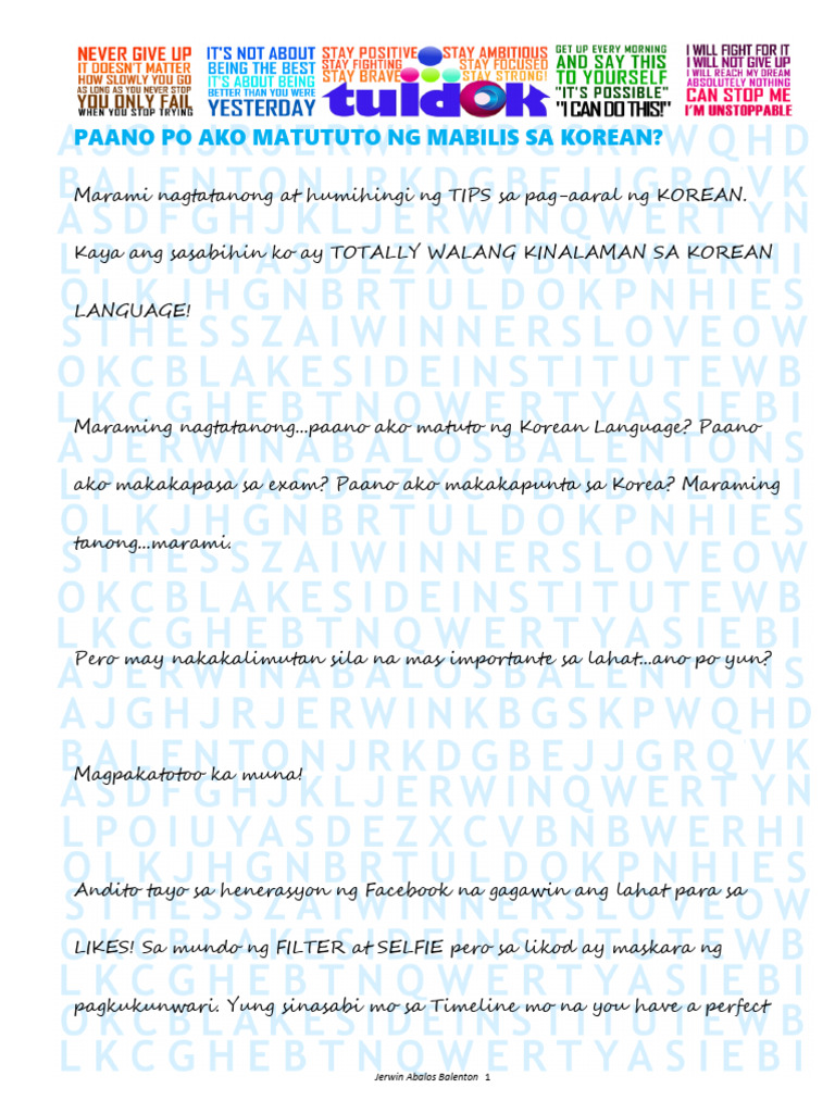 Pagbasa at Pagbigkas Sa Korean by Jerwin Abalos Balenton | PDF