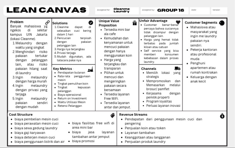 Lean Canvas Cleanme Laundry | PDF