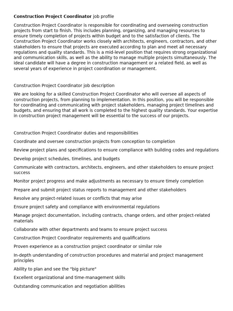 Construction Project Coordinator | PDF | Project Management | Architect