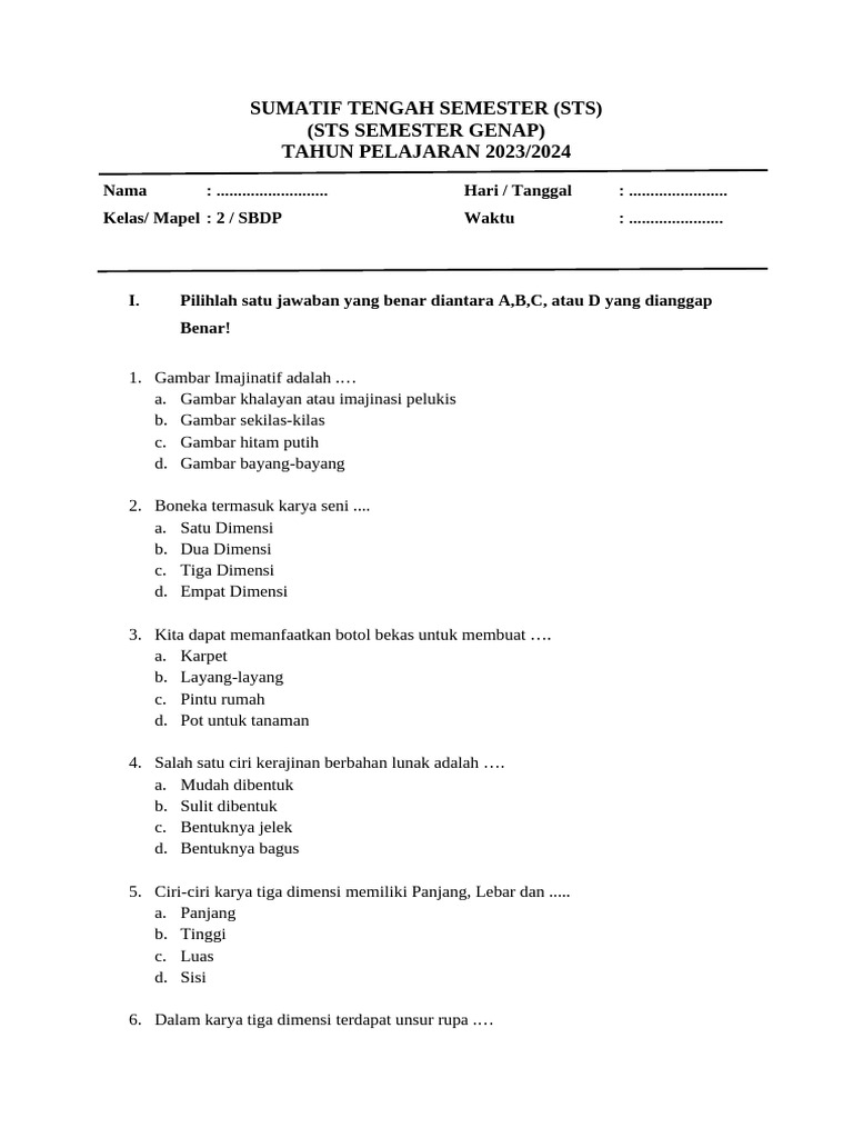 SBDP Kelas 2 + Kunci - Doc 2024 STS | PDF