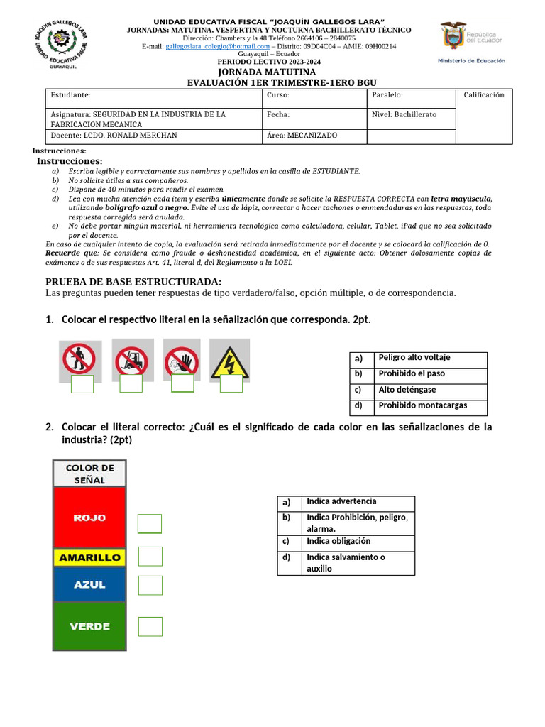 Seguridad Industrial 1ero Bgu | PDF