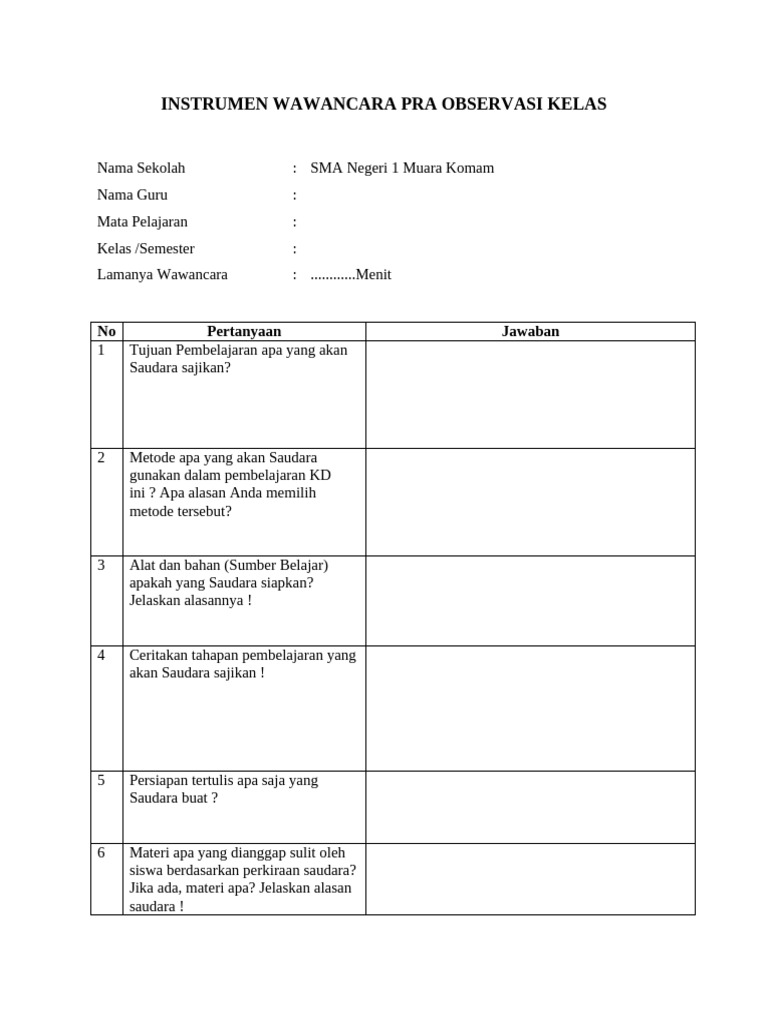 Instrumen Wawancara Pra Observasi Kelas | PDF