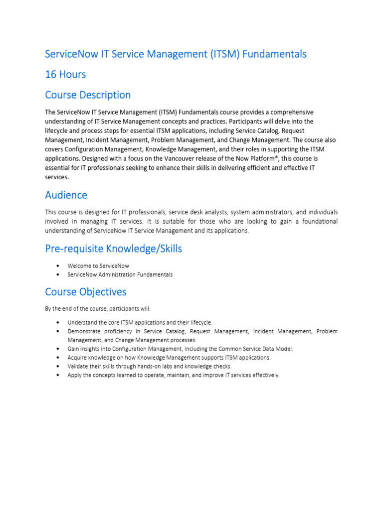 Servicenow It Service Management (Itsm) Fundamentals 16 Hours Course ...