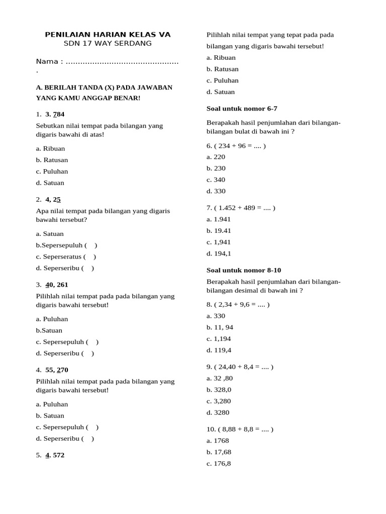 PH MTK Kelas Va | PDF