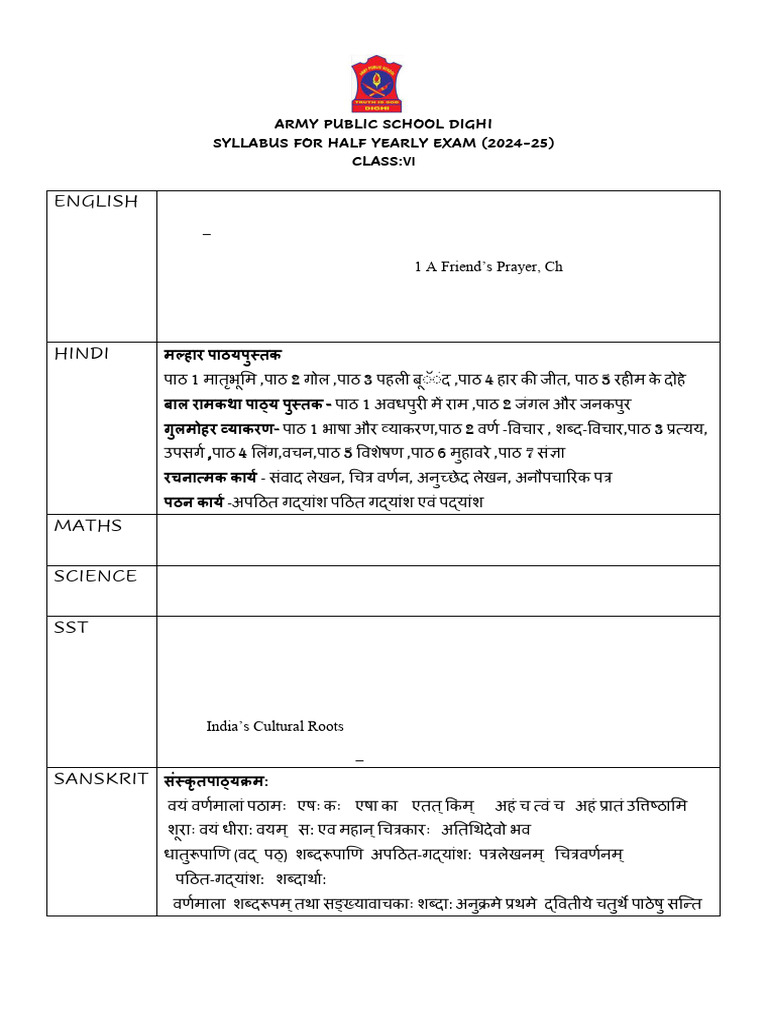 Class VI HY Syllabus (2024 25) | PDF