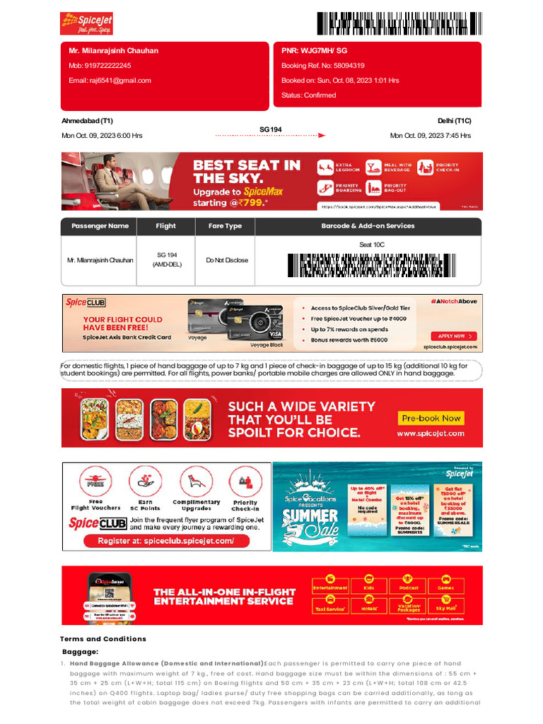 SpiceJet - E-Ticket - PNR - WJG7MH 09 Oct 2023 Ahmedabad-Delhi For MR ...