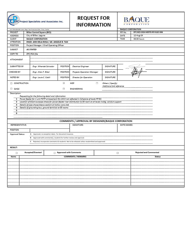 Epc Bcs 2024 Mepfs Rfi Elec 006 | PDF