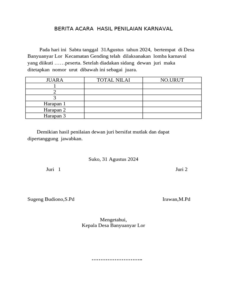 Berita Acara Hasil Penilaian Karnaval | PDF