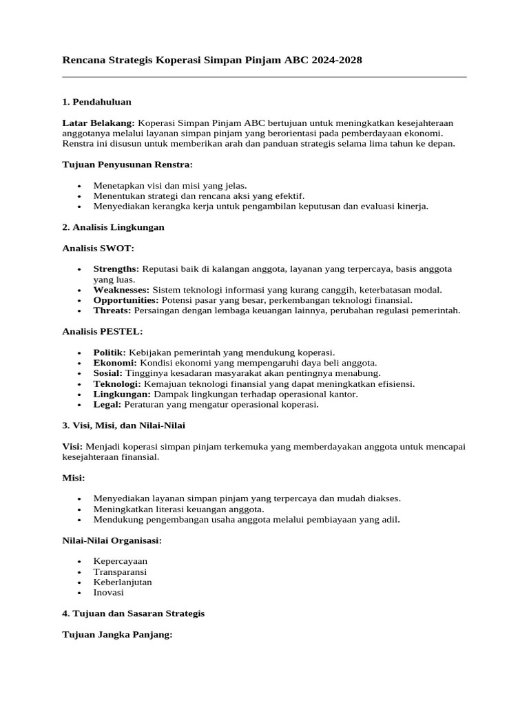 Contoh Rencana Strategis Koperasi Simpan Pinjam ABC 2024 | PDF