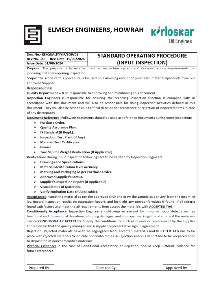 Input Inspection SOP | PDF