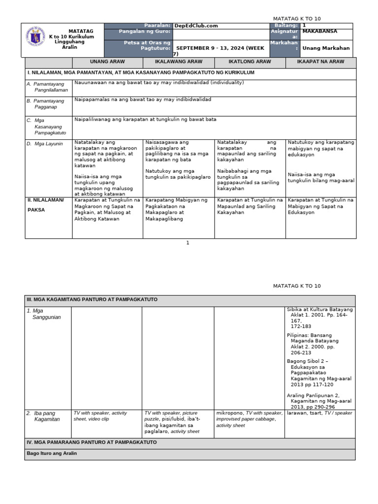 DLL Matatag - Makabansa 1 - Q1 - W7 | PDF