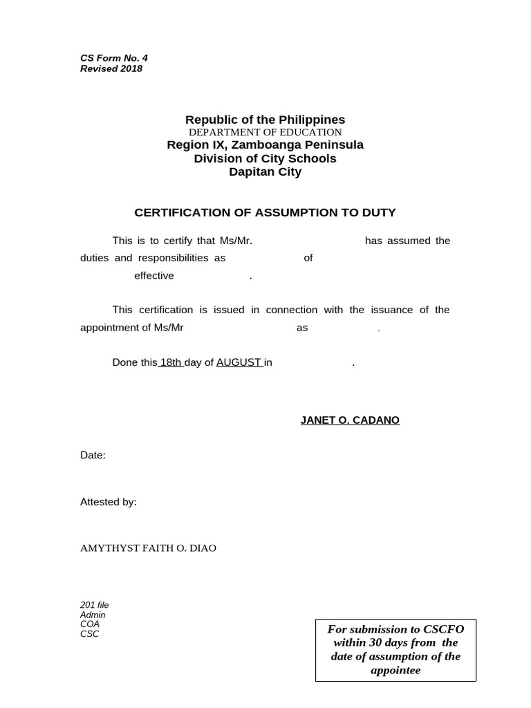 CS Form No. 4 Certification of Assumption To Duty | PDF