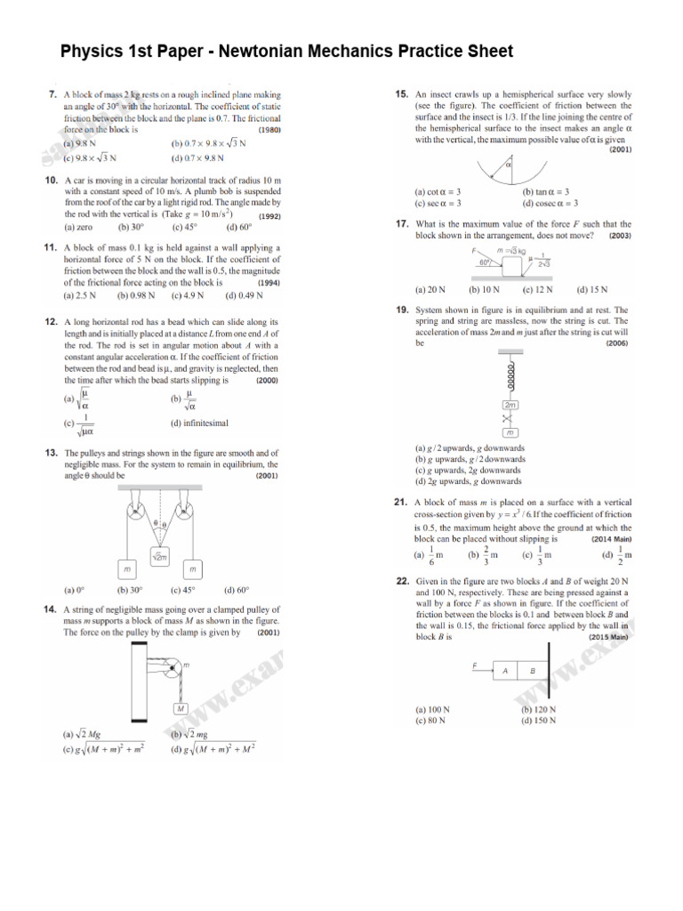 Physics 1st Paper - Newtonian Mechanics Practice Sheet | PDF