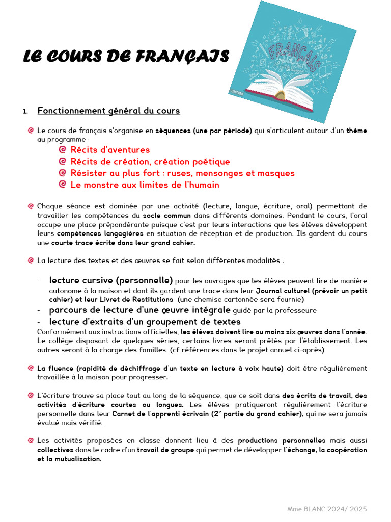 Le Cours de Français 6e 2024 | PDF