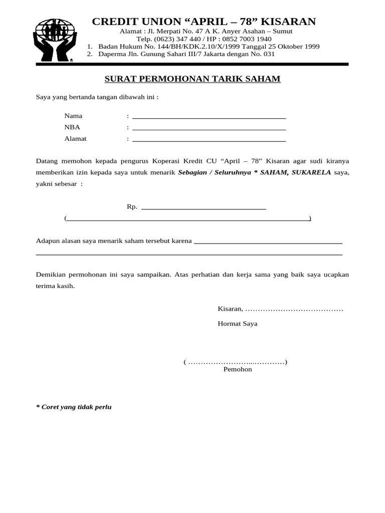 Surat Permohonan Tarik Saham | PDF