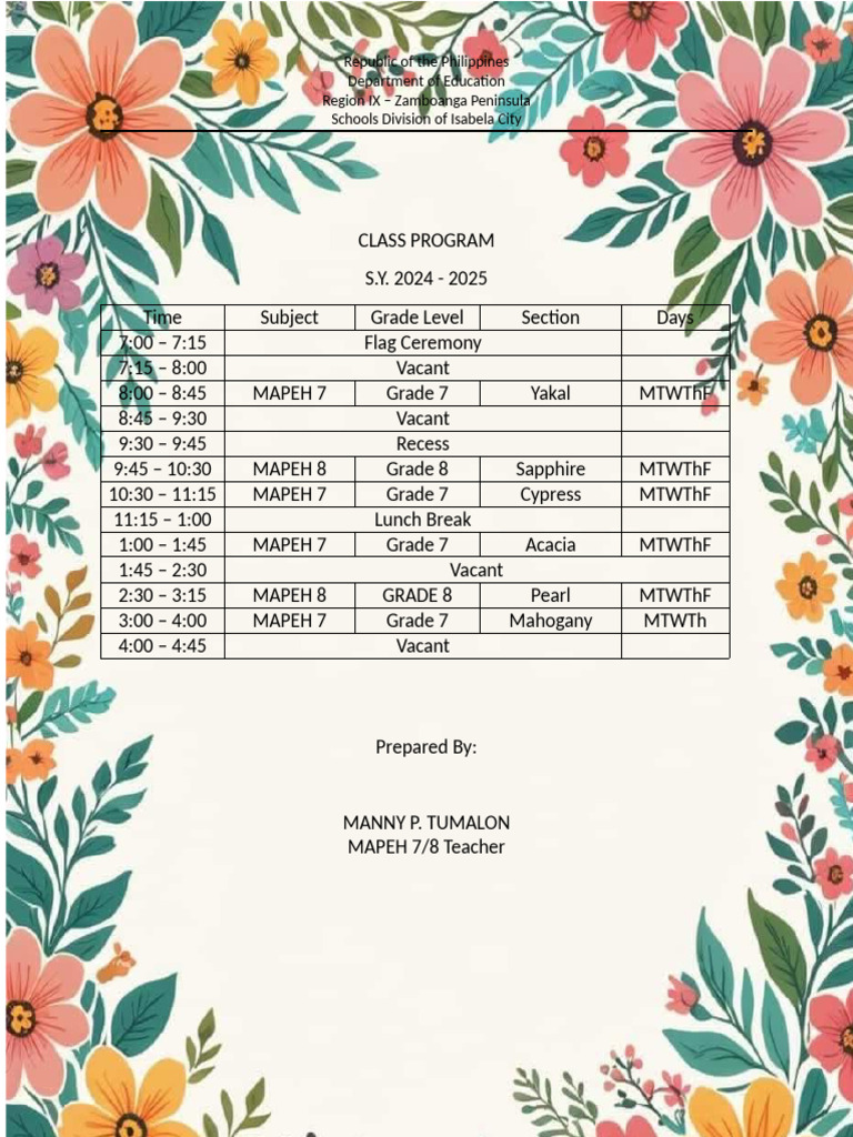 Class Program Sy 2024 - 2025 | PDF
