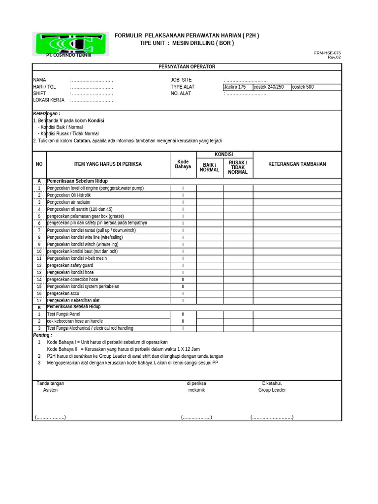 Copy of FORM-CT-026_Form P2H Mesin Drilling | PDF