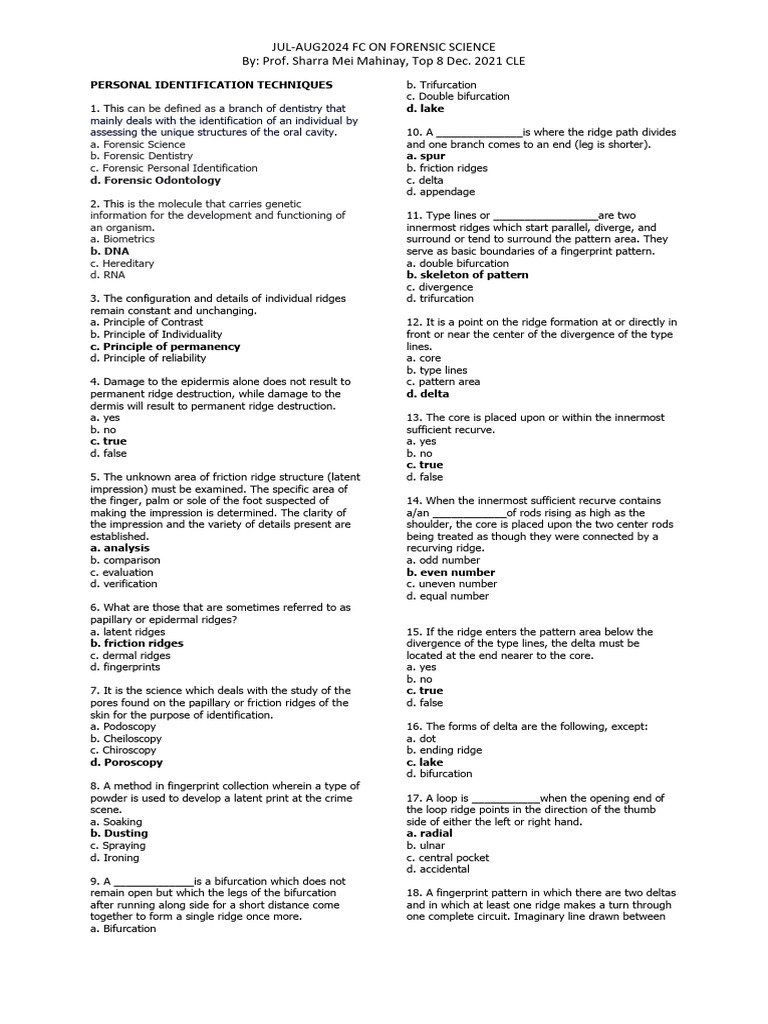 Jul-Aug2024-Fc-Forensic-Prof. Mahinay-Answer Key | PDF