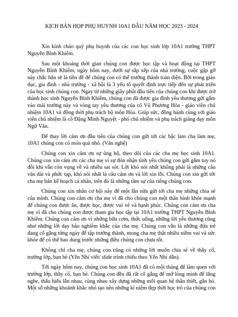 KỊCH BẢN HỌP PHỤ HUYNH 10A1 ĐẦU NĂM HỌC 2023 | PDF