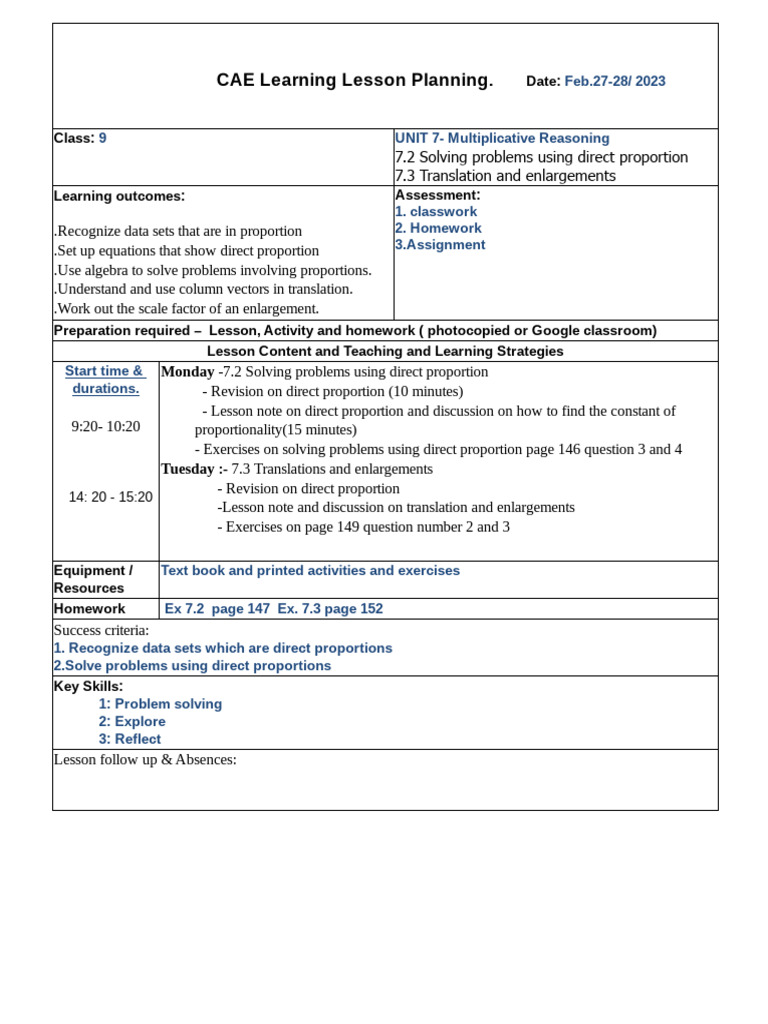 Feb. 27-28 Year 9 Lesson Plan | PDF