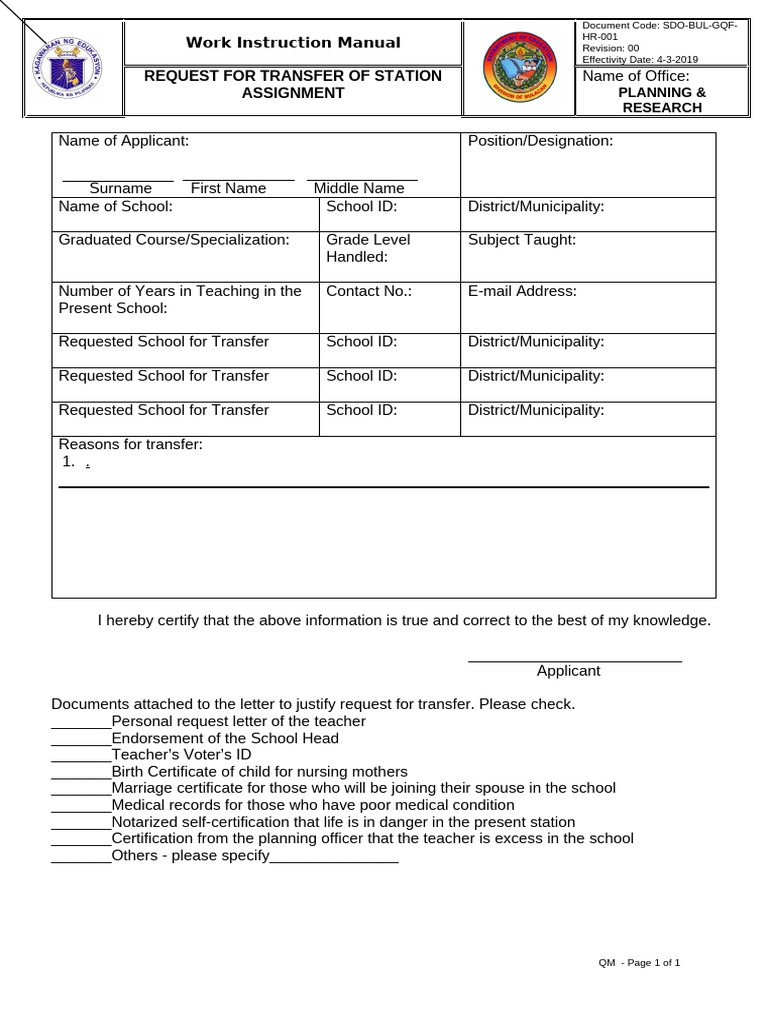 Request For Transfer of Station Assignment - Form | PDF
