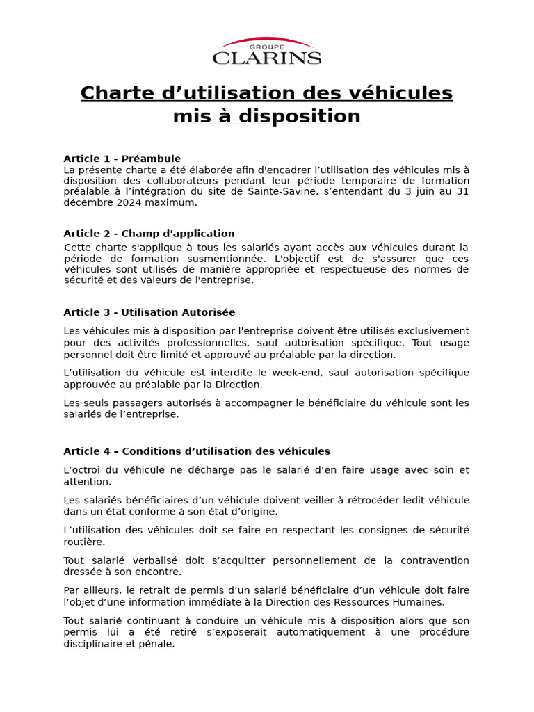 Charte D'utilisation Des Véhicules | PDF