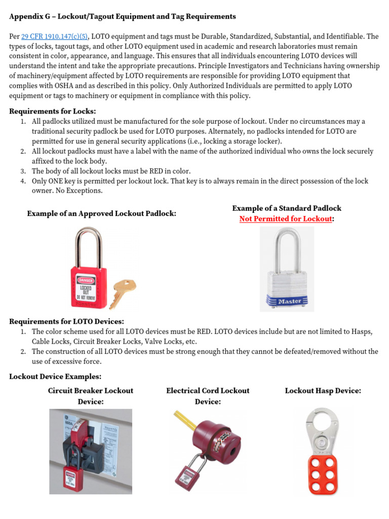 Appendix G – LockoutTagout Equipment and Tag Requirements | PDF