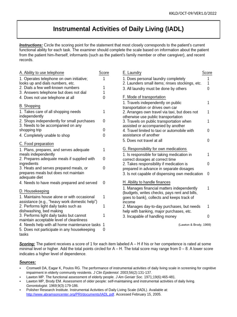 Instrumental Activities of Daily Living IADL | PDF