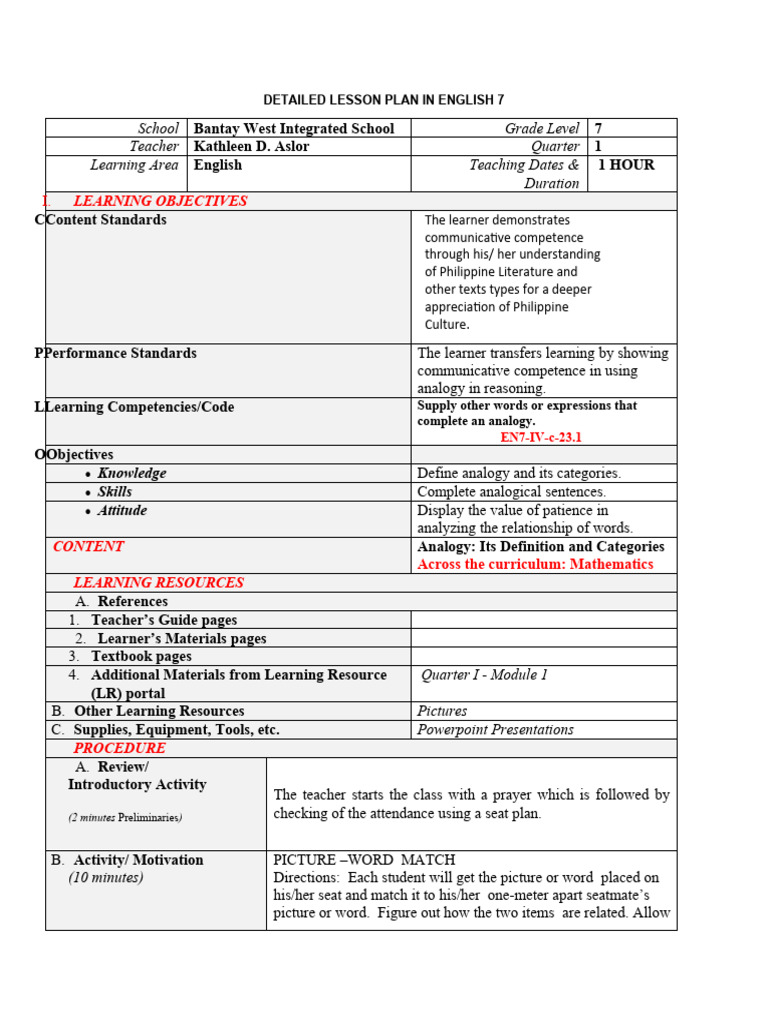 Detailed Lesson Plan in English 7docx Grade 7 Compress | PDF