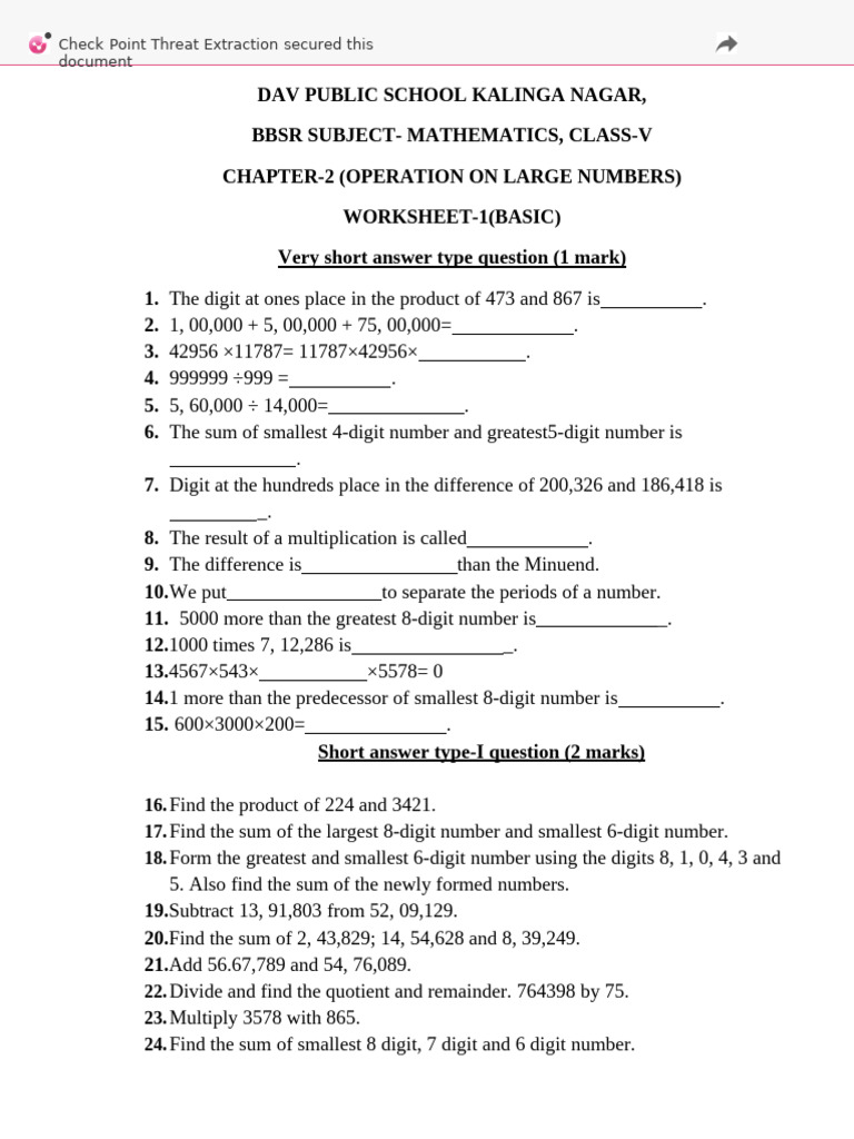 CLASS 5 FOUR OPERATION MATH WORKSHEET (1) | PDF