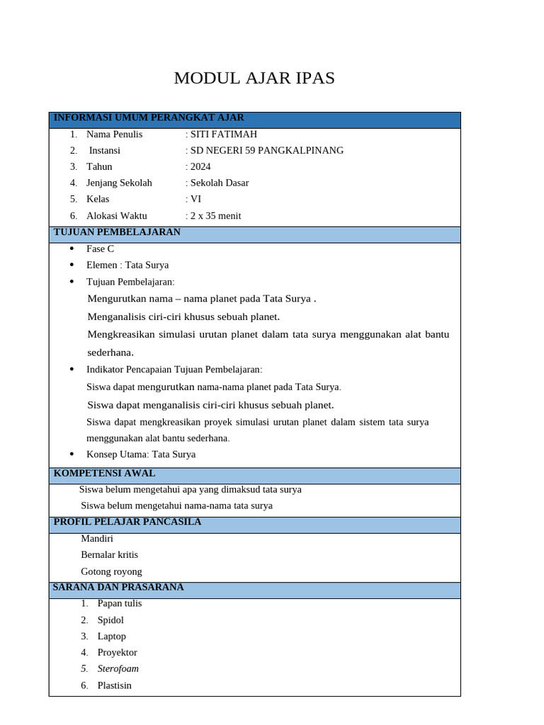 Modul Ajar Ipas Kelas Vi - Tata Surya | PDF