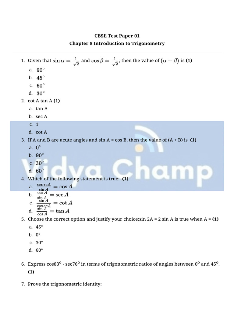 CBSE Test Paper 01 Chapter 8 Introduction To Trigonometry: o o o o | PDF