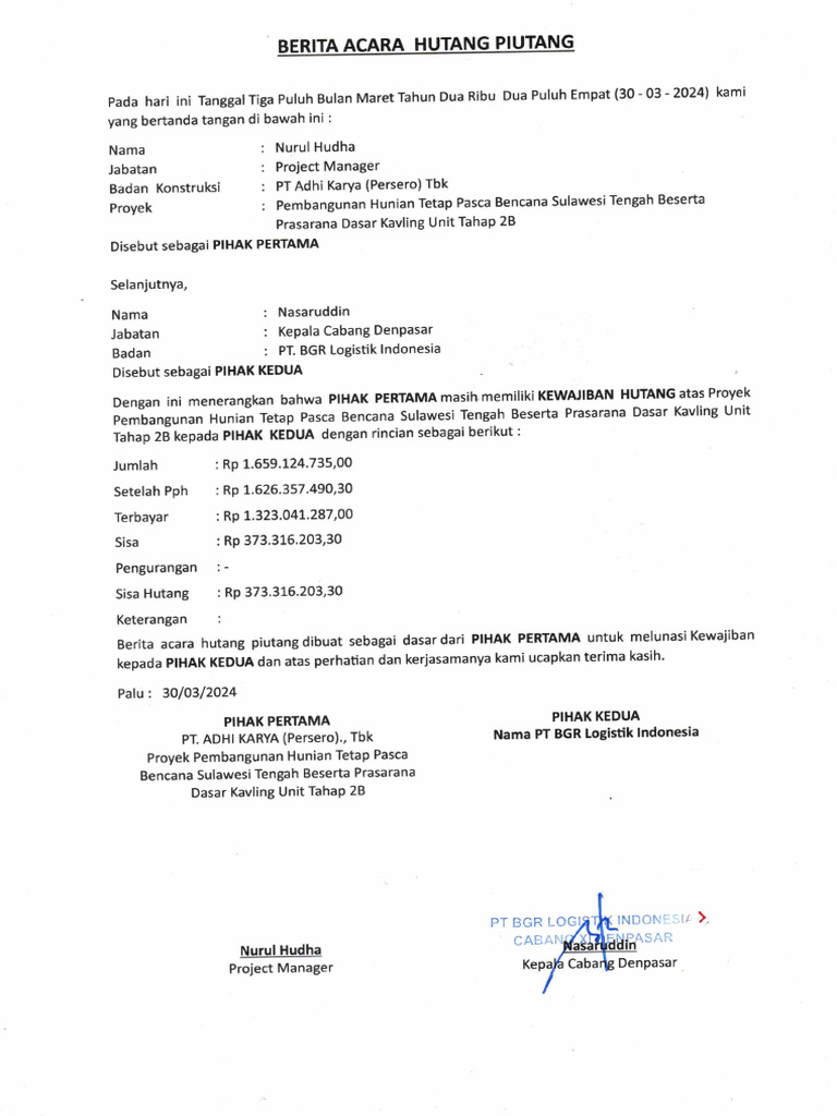 BERITA ACARA HUTANG PIUTANG PT. ADHI KARYA (PERSERO) TBK | PDF