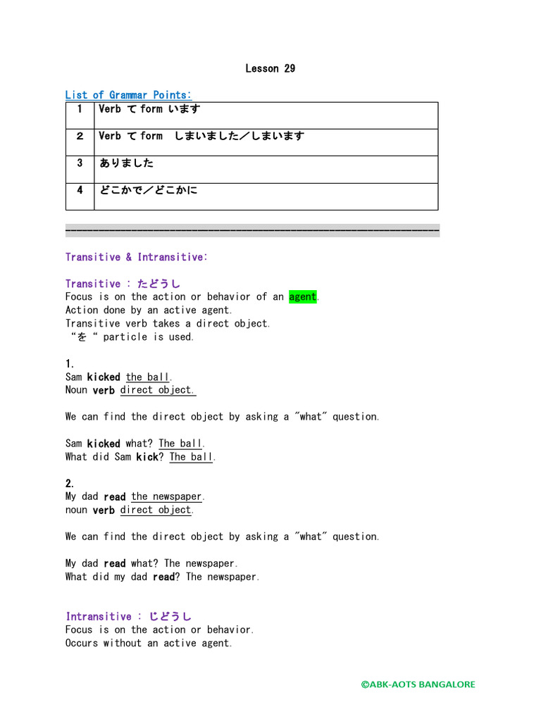 List of Grammar Points:: Transitive & Intransitive: Transitive | PDF