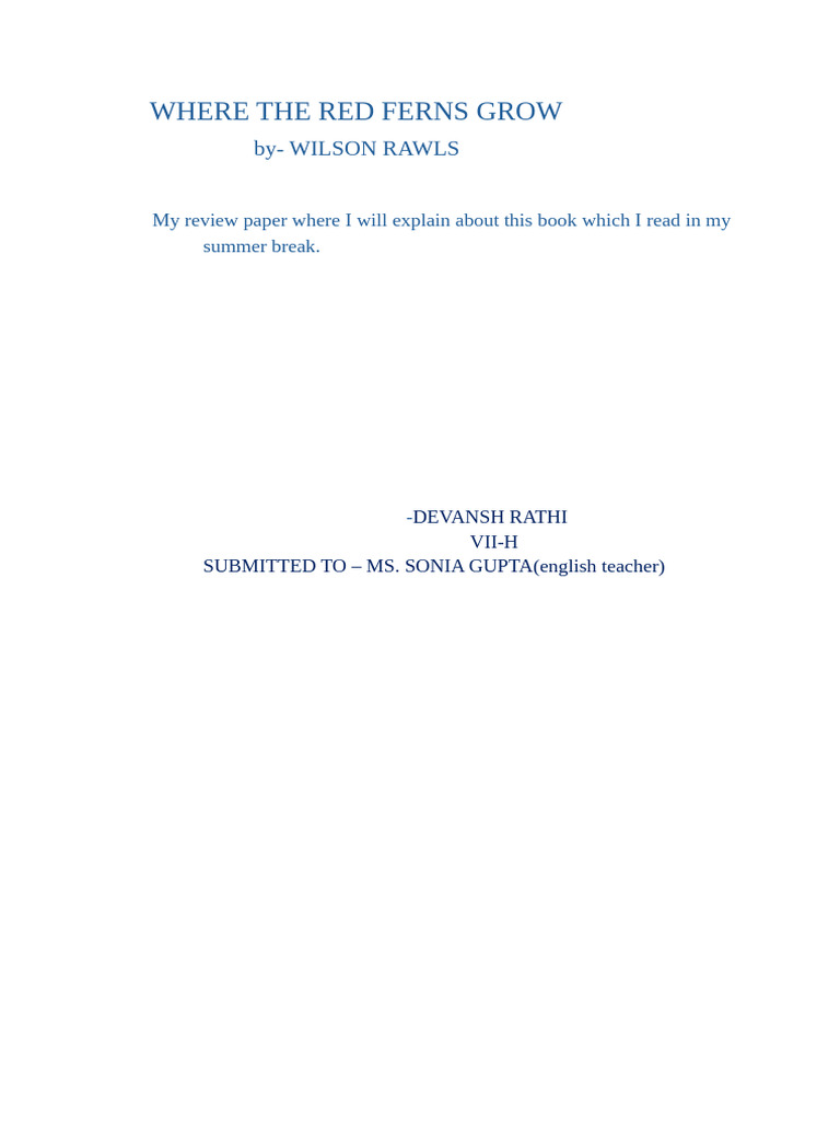 Where The Red Ferns Grow: By-Wilson Rawls | PDF
