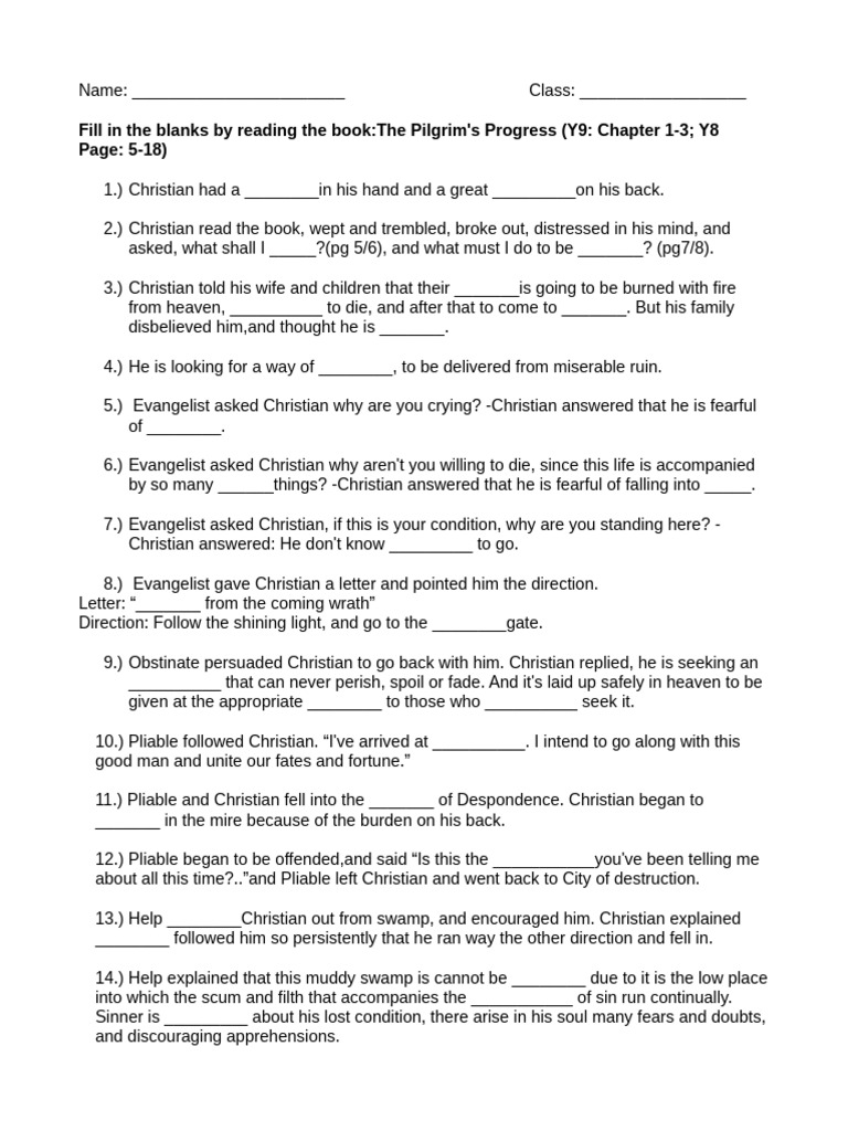 Pilgrim Progress, Chapter 1-3, Fill in The Blanks | PDF