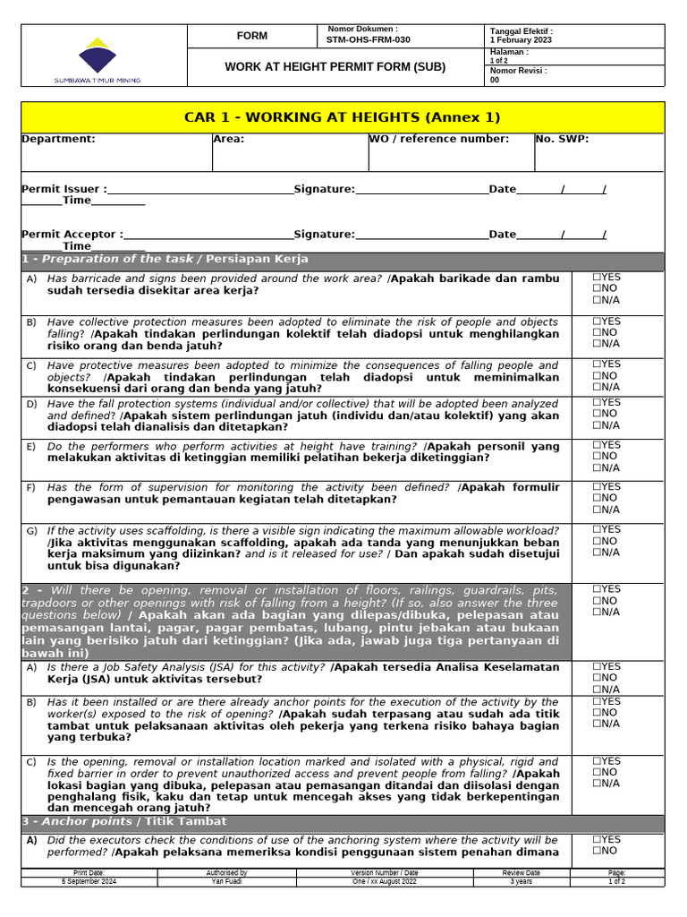 Final STM-OHS-FRM-030-A1 - Working at Height Permit Form | PDF