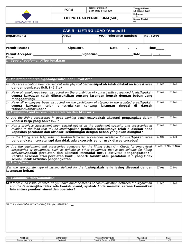 Final STM-OHS-FRM-030-A5 - Lifting Load Permit Form | PDF