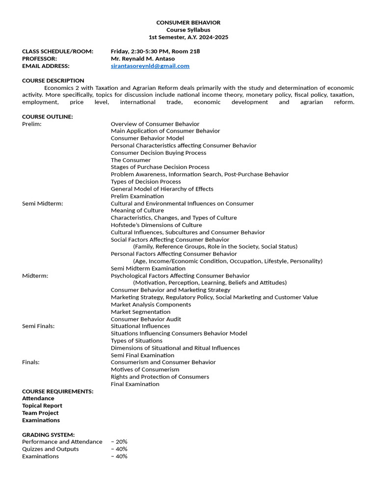 Consumer Behavior Syllabus | PDF | Consumer Behaviour | Behavior