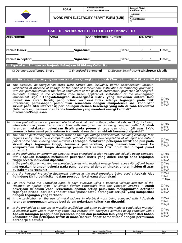 Final STM-OHS-FRM-030-A10 - Work With Electricity Permit Form | PDF