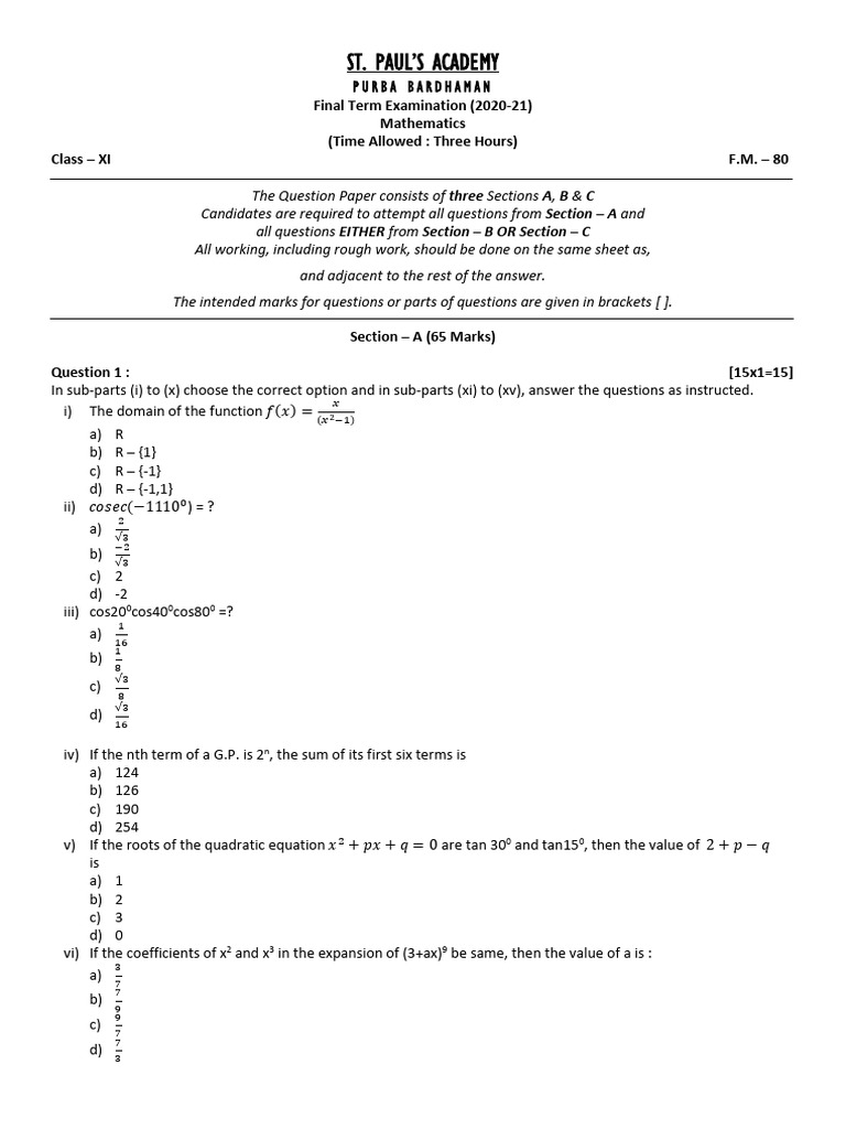 Class - XI Final Term Math 2020-21 | PDF