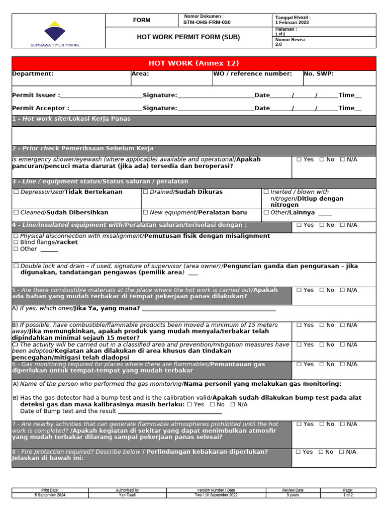Final STM-OHS-FRM-030-A12 - Hot Work Permit Form | PDF