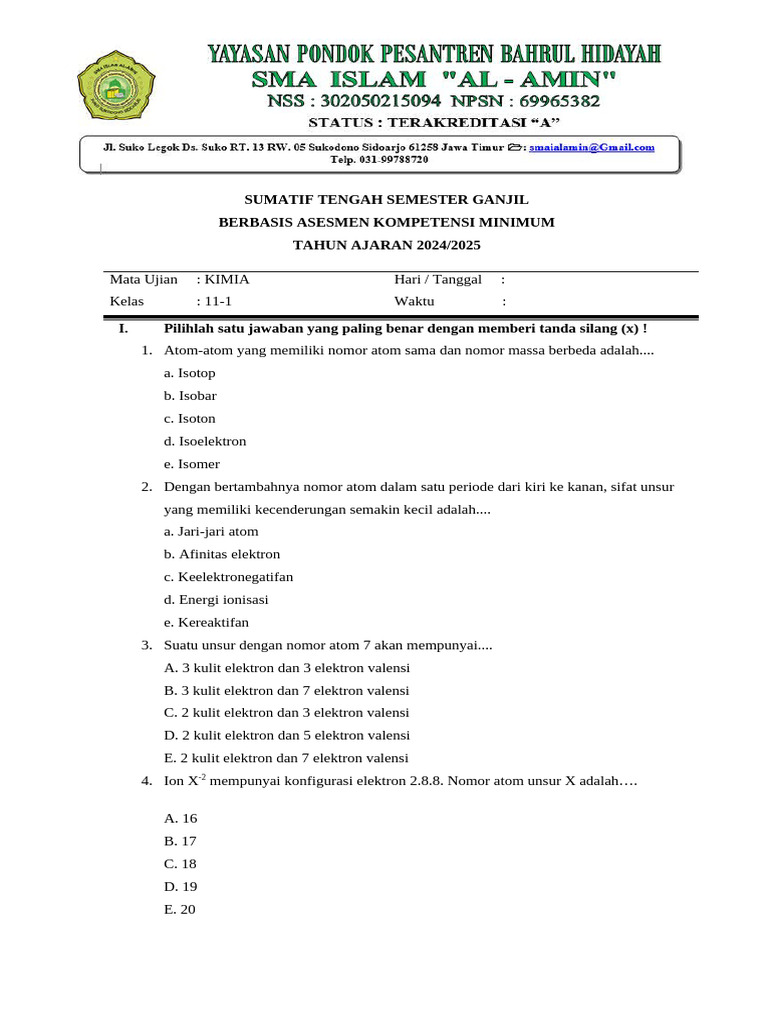 PTS - Kimia - Kelas 11-1 | PDF