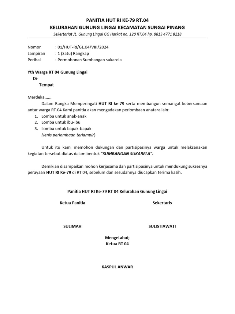 Panitia Hut RI 79 Gunung Lingai | PDF