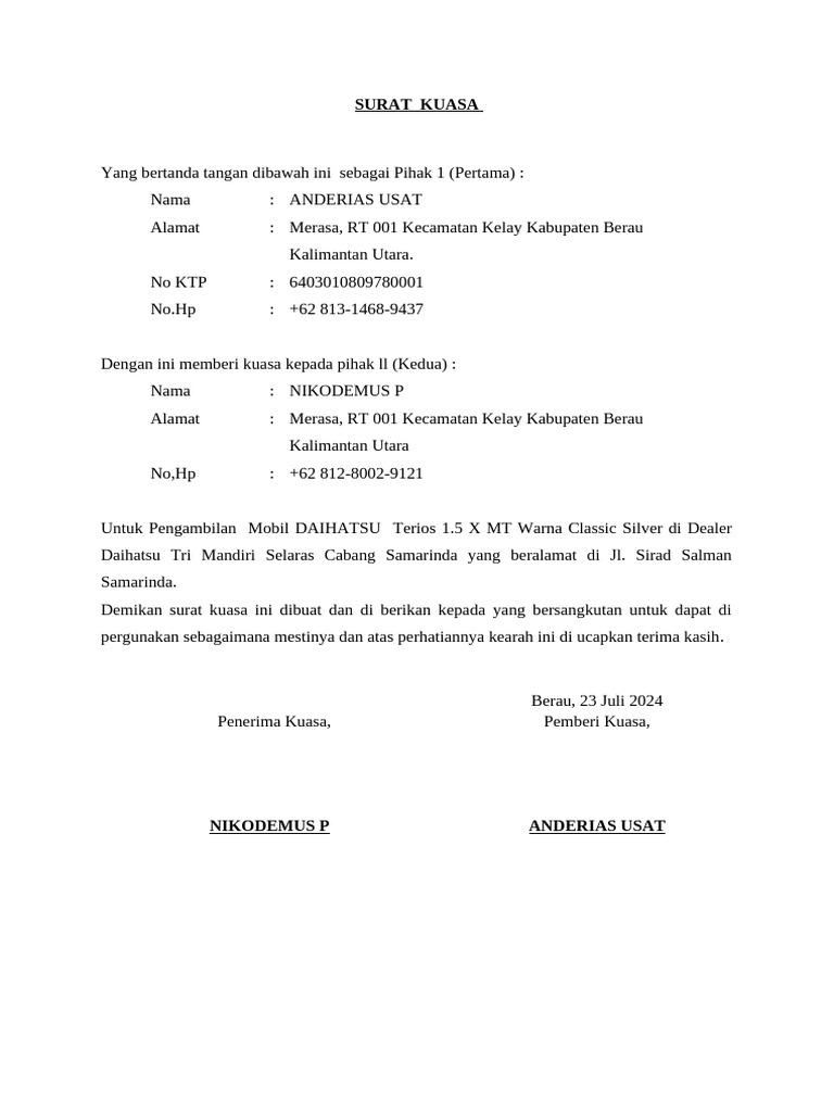 Surat Kuasa Pengambilan Unit | PDF
