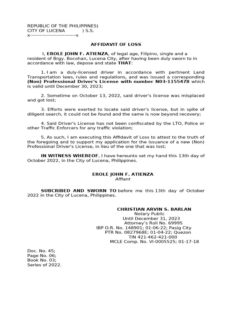 Affidavit of Loss Driver S License | PDF